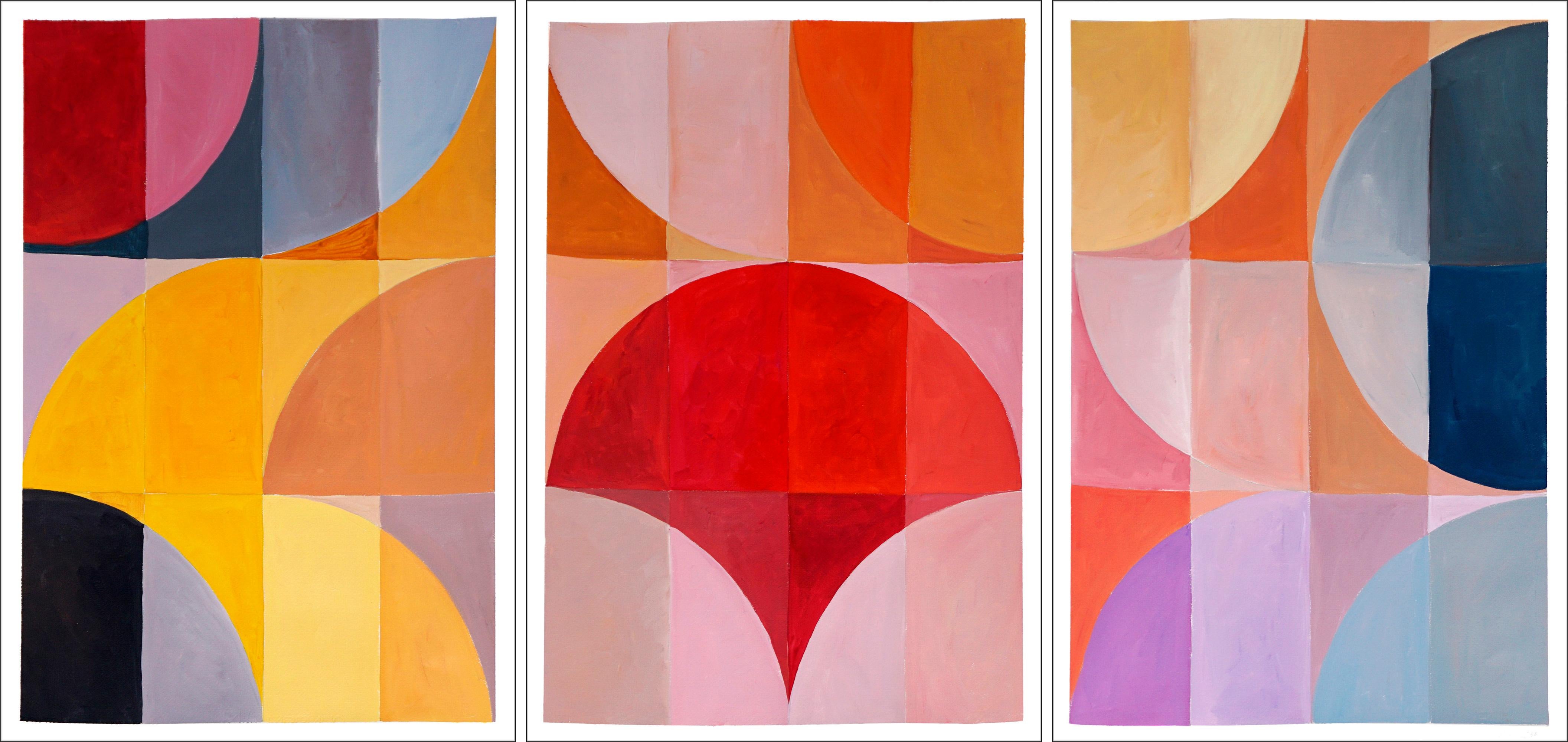 Natalia Roman - Amalfi Parasol Triptych, Abstract Fabric Pattern in Red, Yellow and Mid-Tones ...