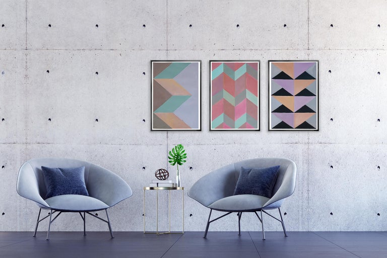Natalia Roman - Architecture and Artichoke, Pastel Tones Geometric Triptych, Fractal Modern Grid ...