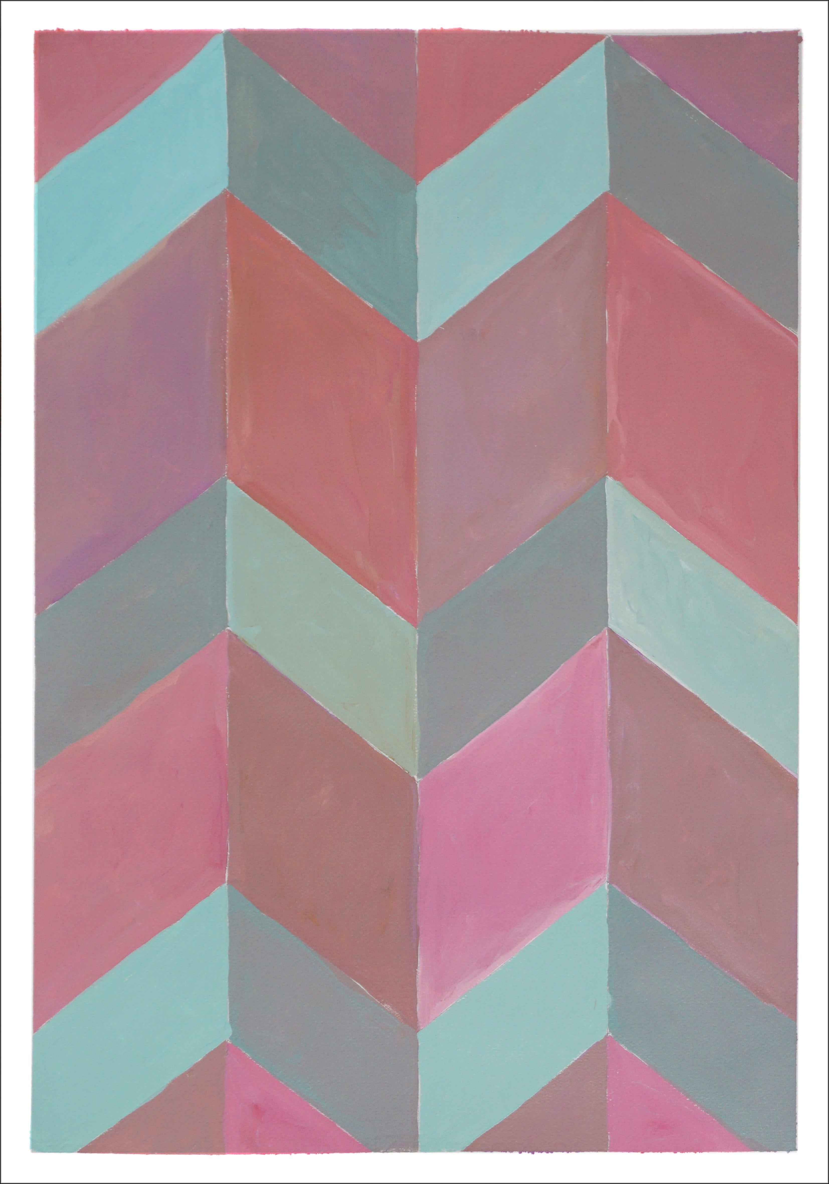 Natalia Roman - Architecture and Artichoke, Pastel Tones Geometric Triptych, Fractal Modern Grid ...