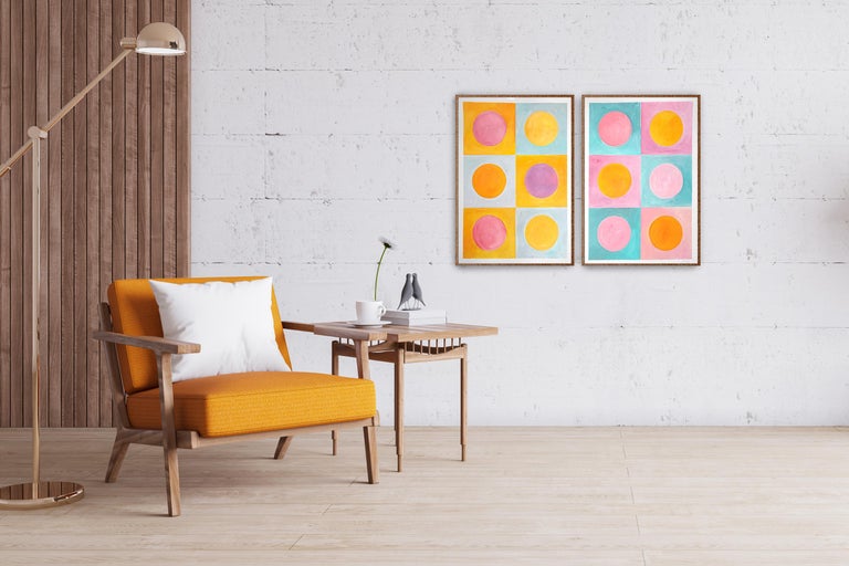 Natalia Roman - Cubist Tulips, Primary Geometry Tiles Diptych, Pastel ...