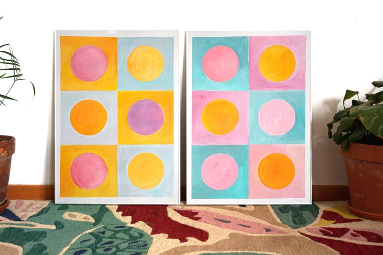Natalia Roman - Cubist Tulips, Primary Geometry Tiles Diptych, Pastel ...