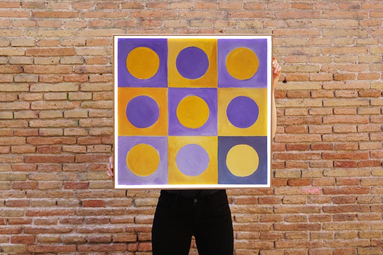 Natalia Roman - Day For Night II, Abstract Geometric Squared Painting, Yellow and Purple Circles ...