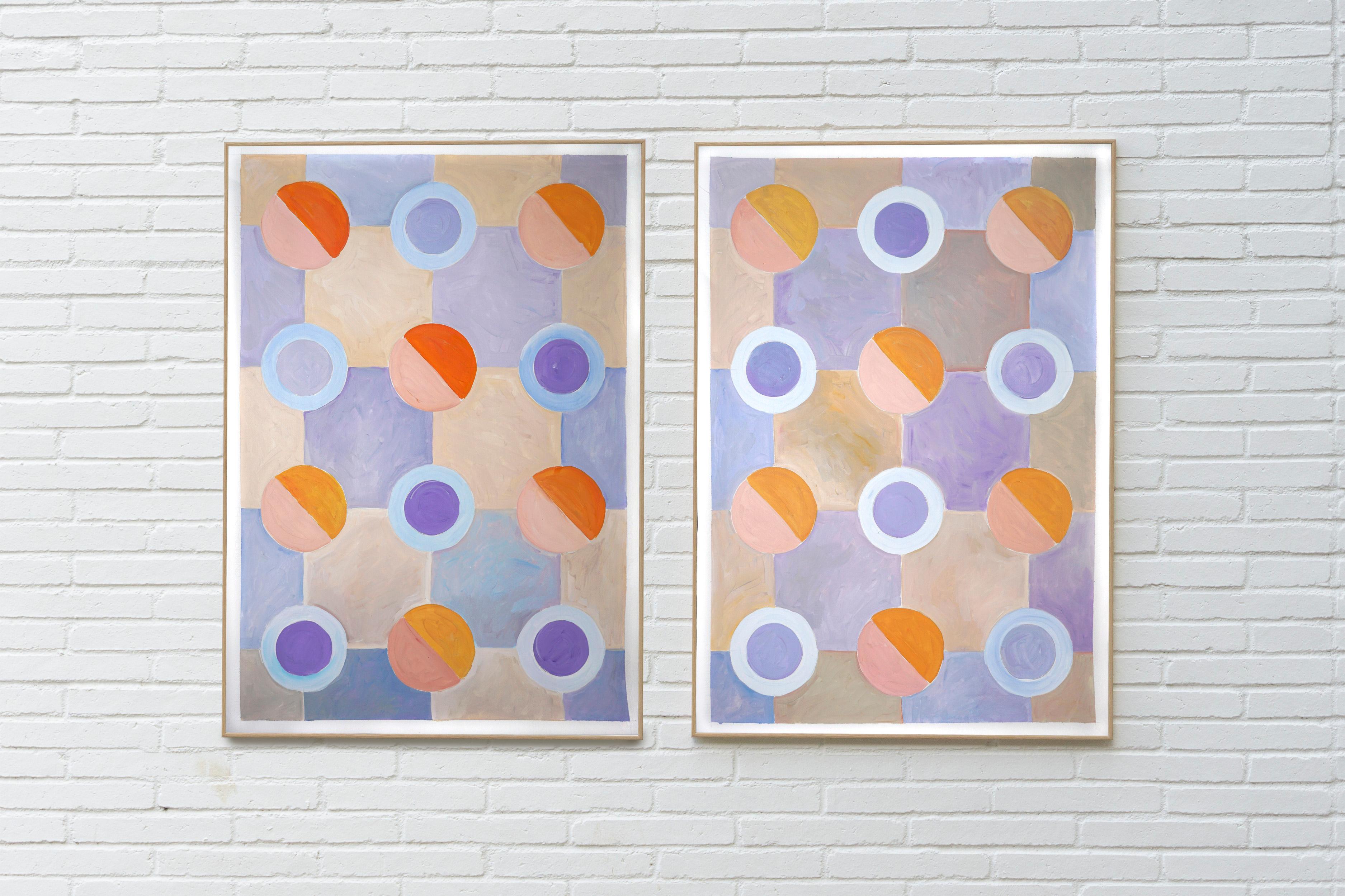Natalia Roman - Large Diptych, Pastel Tones of Cool Futurist Checkered Pattern, Orange, Violet ...