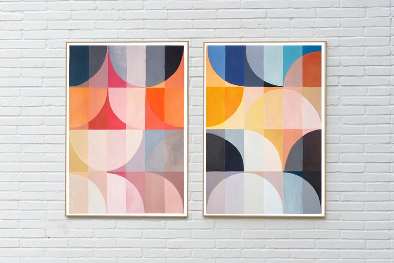 Natalia Roman - Pale Shapes, Blooming Tones, Large Bauhaus Diptych, Primary Hue Geometric Grid ...