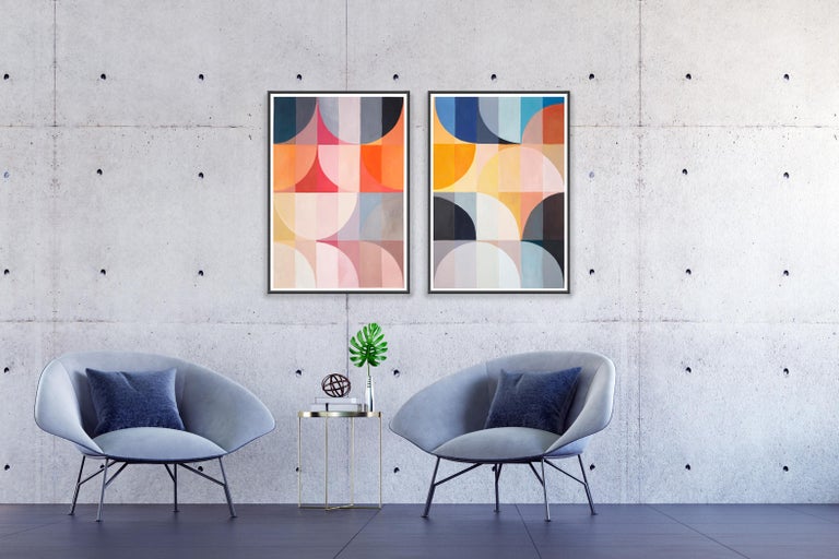 Natalia Roman - Pale Shapes, Blooming Tones, Large Bauhaus Diptych, Primary Hue Geometric Grid ...