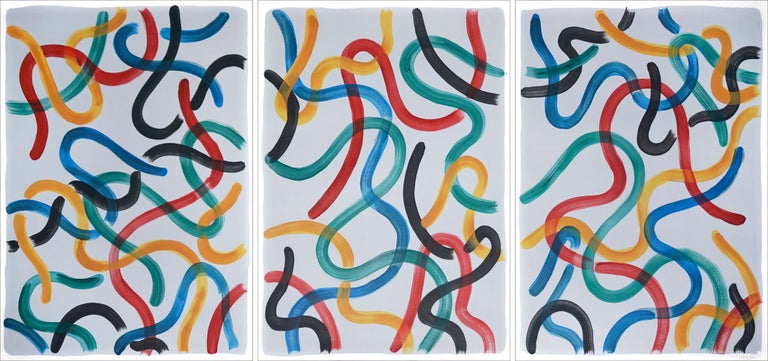 Natalia Roman - Primary Swirls on Neutral Grey, Abstract Brush Strokes ...