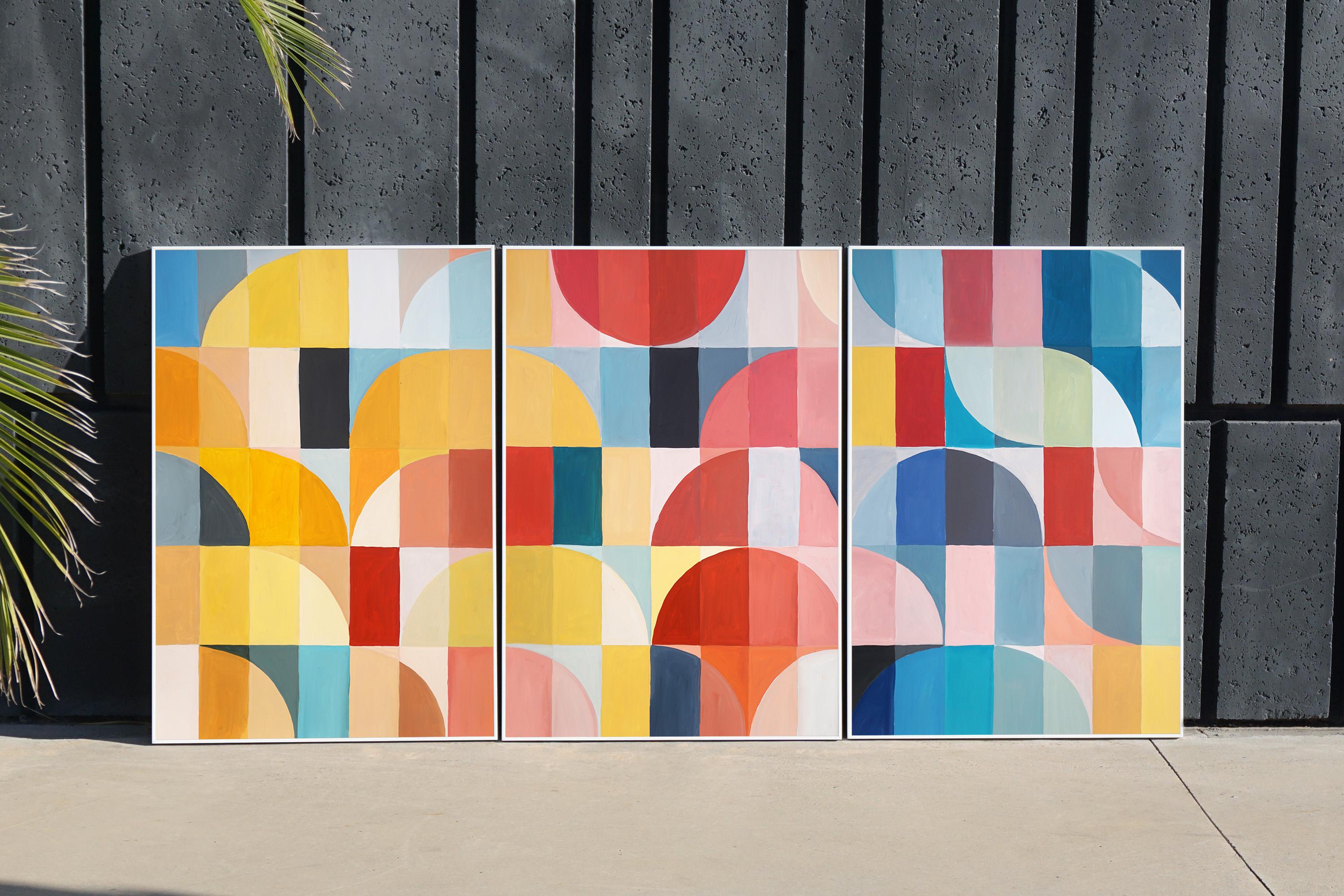 Natalia Roman - Primary Tones Arcs and Curves, Yellow, Blue and Red Bauhaus Grid, Large Triptych ...