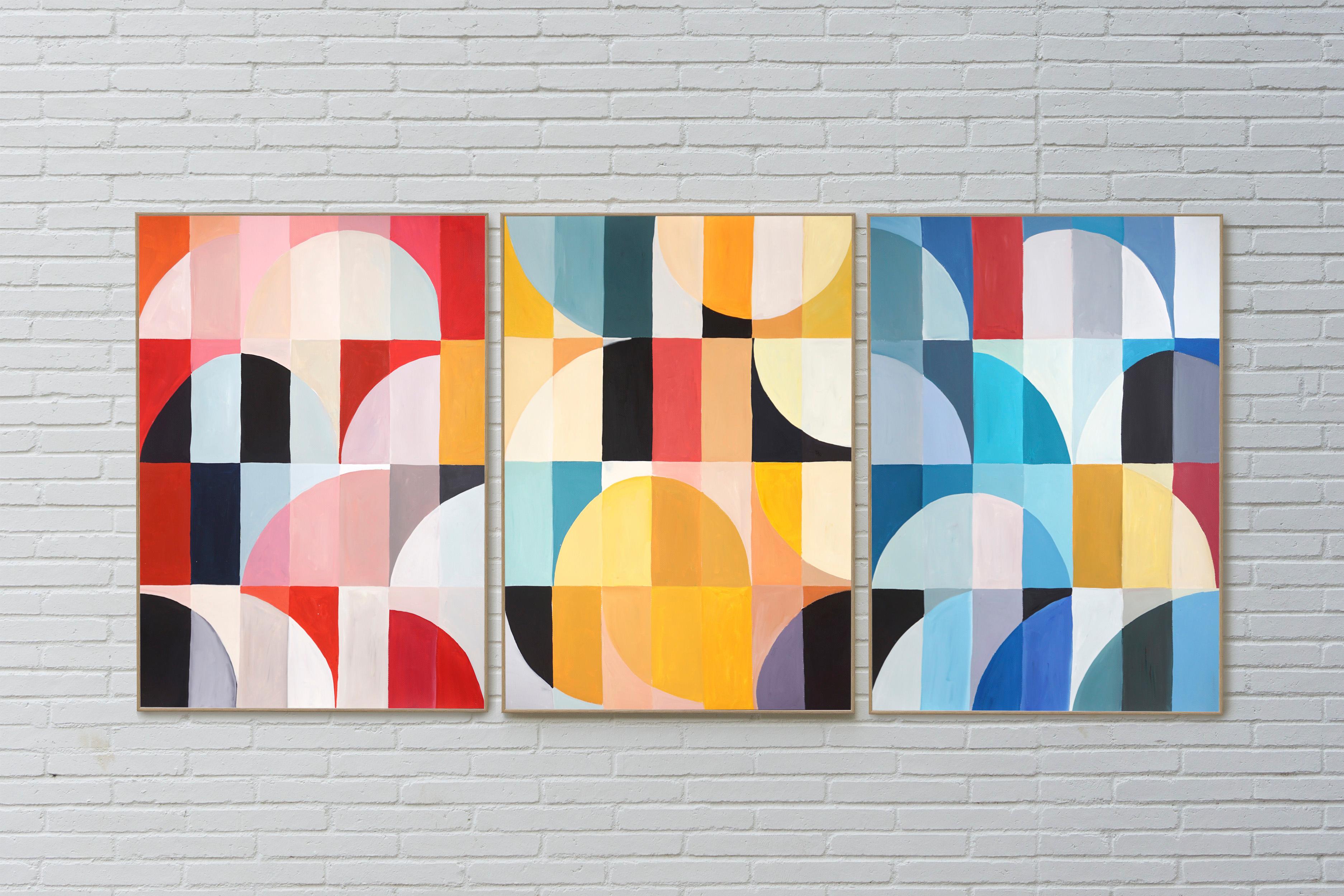 Natalia Roman - Primary Tones Umbrella Shades, Yellow, Blue and Red Bauhaus Grid Large Triptych ...