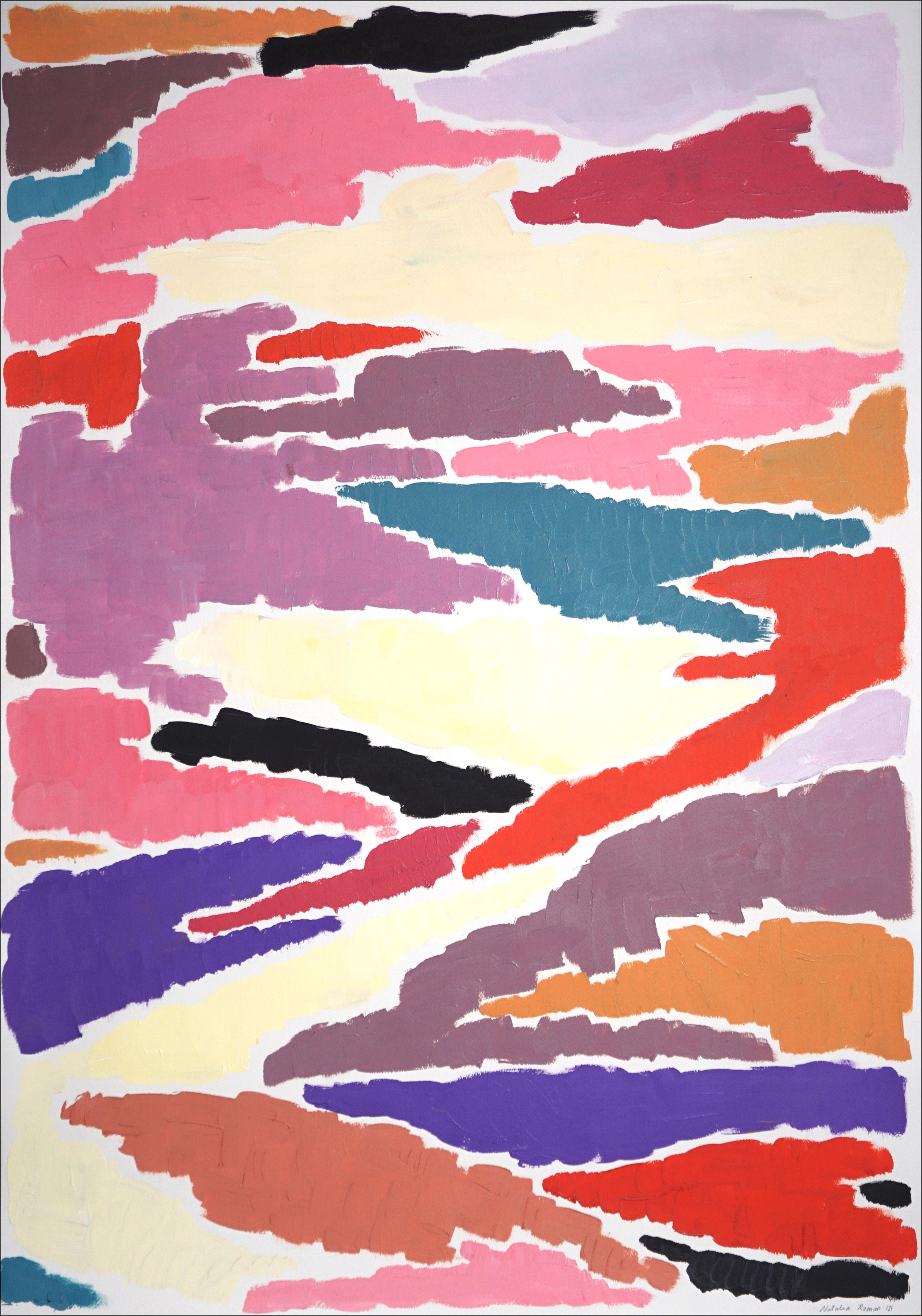 Natalia Roman - Primavera Landscape Dream, Pink Pastel Abstract Triptych, Blossom Spring Flowers ...