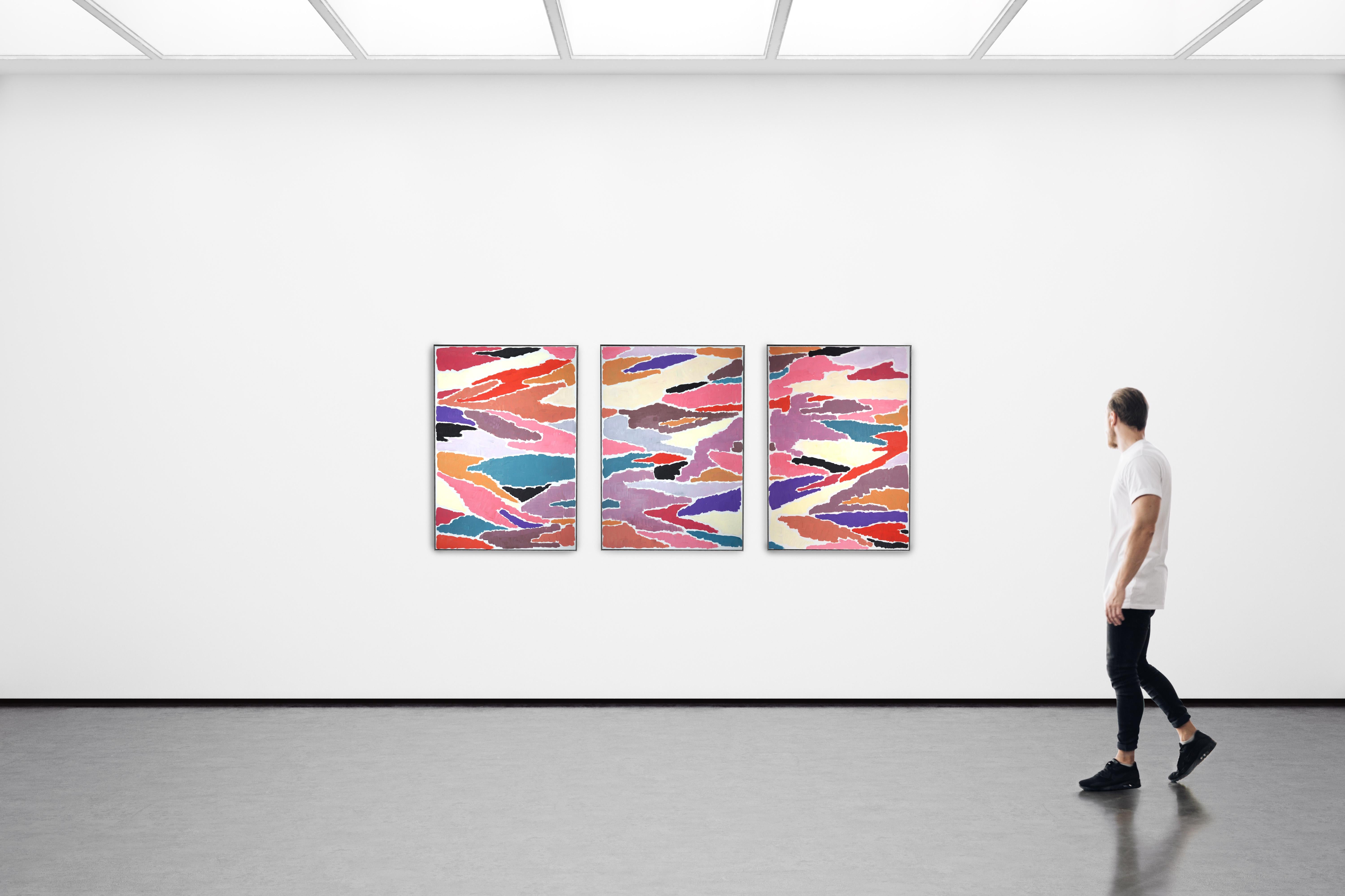 Natalia Roman - Primavera Landscape Dream, Pink Pastel Abstract Triptych, Blossom Spring Flowers ...