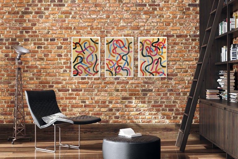 Natalia Roman - Santa Fe Dream Triptych, Urban Style Brush Strokes Red ...