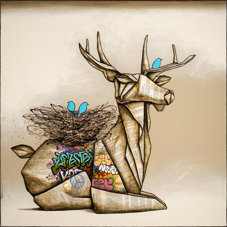 Nathalie Boissonnault - "Resilients" Mixed Media Painting Deer with ...