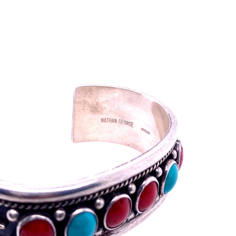Nathan George Sterling Silver Coral and Turquoise Cuff Bracelet at 1stDibs