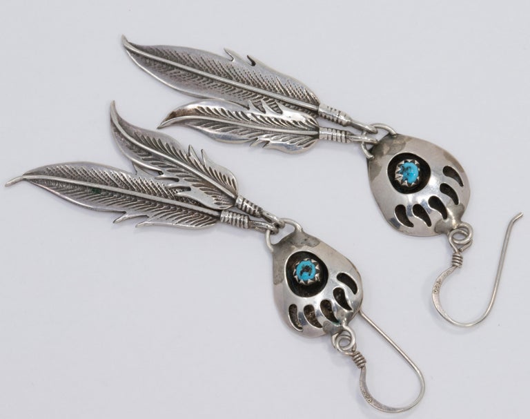 Native American Bear Claw Feather Sterling Silver Turquoise Dangling ...
