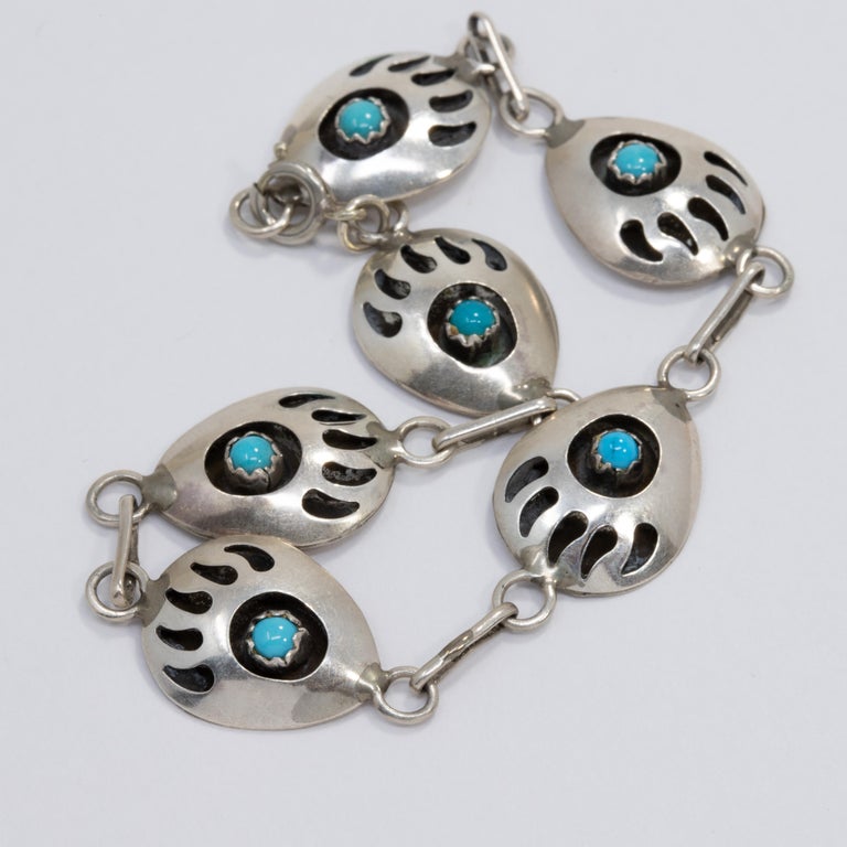 Native American Bear Claw Sterling Silver and Turquoise Link Bracelet ...