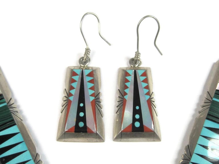 Native American Inlay Necklace Earrings Jewelry Set Navajo Chester ...