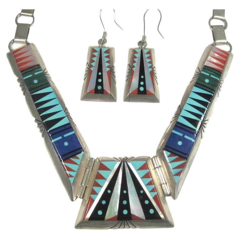 Native American Inlay Necklace Earrings Jewelry Set Navajo Chester ...