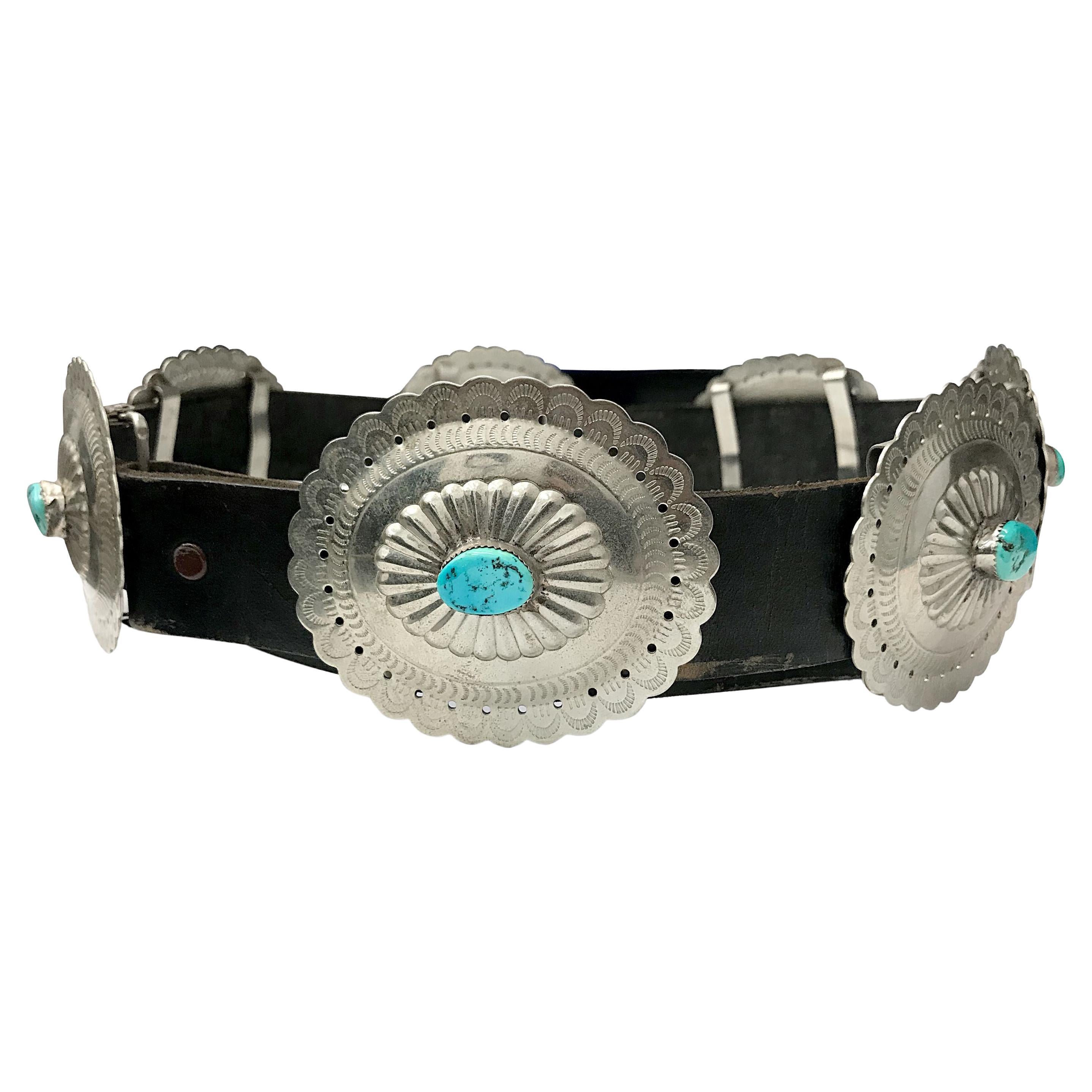 Native American Navajo Sterling Silver and Turquoise Concho Leather ...