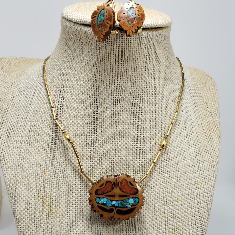 Native American Pendant Necklace Clip On Earrings in Gold, Turquoise ...