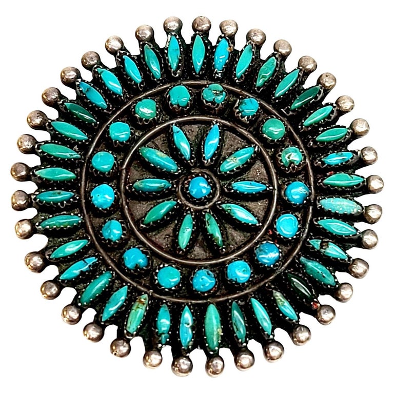 Native American Silver Needlepoint Turquoise Round Pin at 1stDibs
