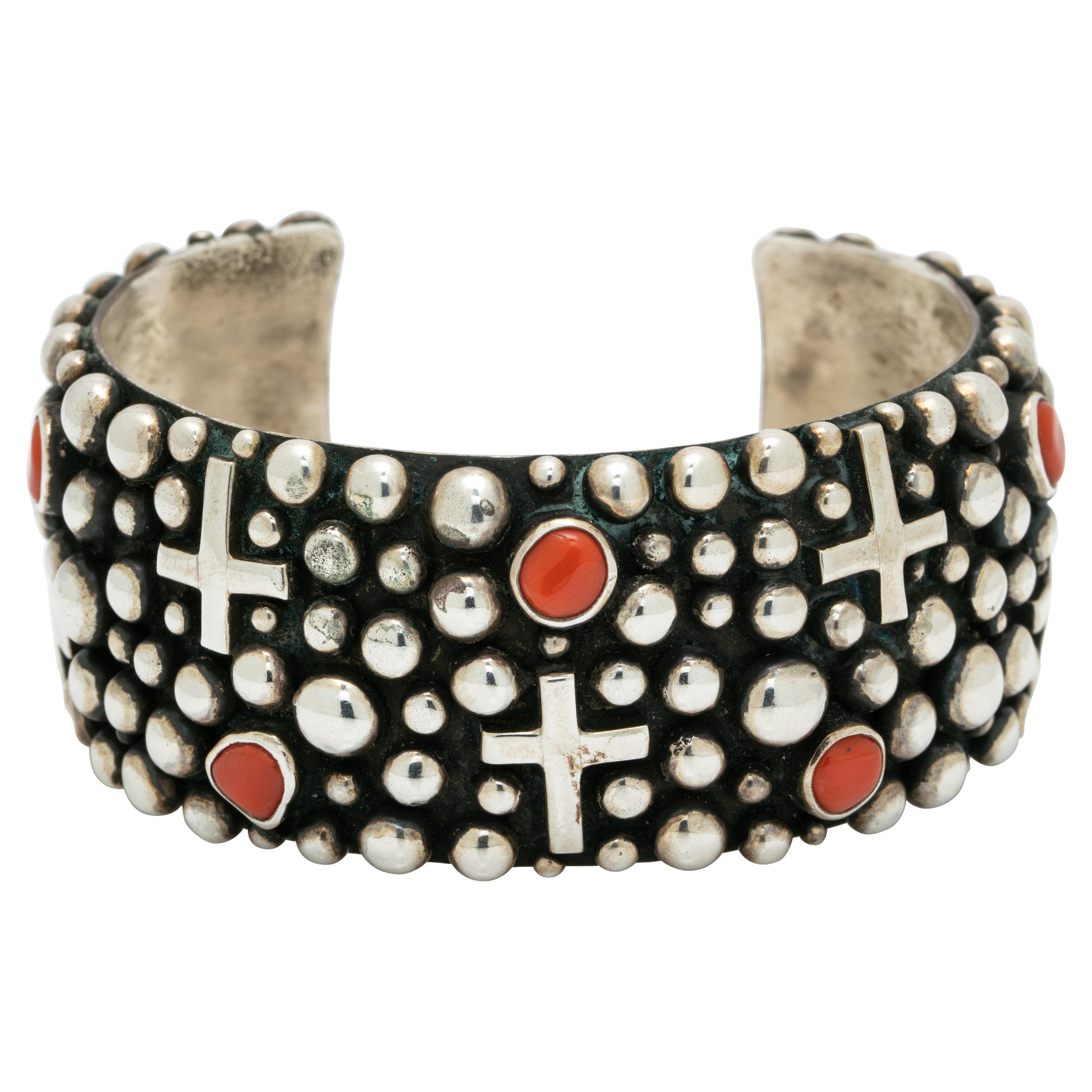 Native American Sterling Silver and Coral Navajo Bracelet Signed Akee ...