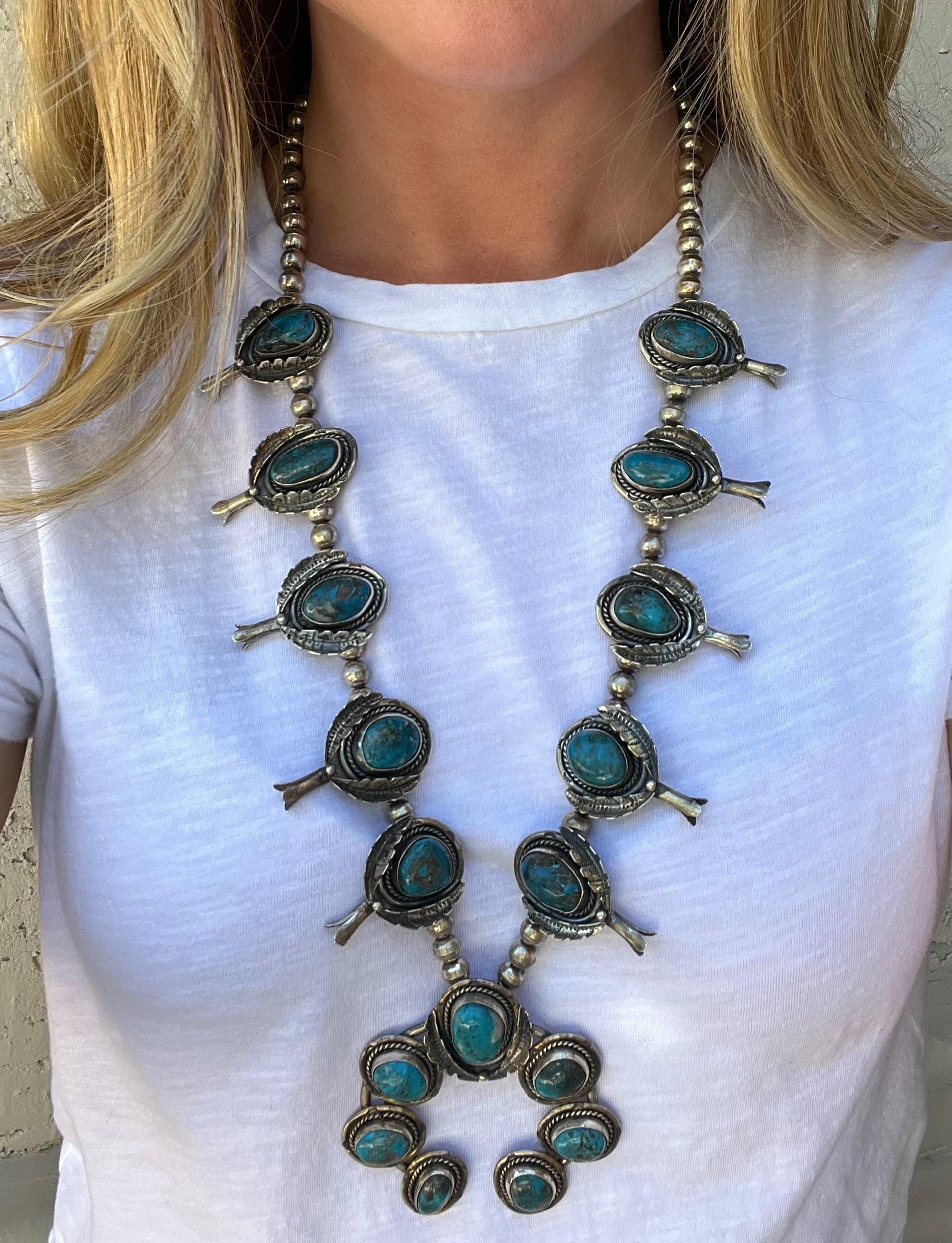 Native American Sterling Silver Genuine Turquoise Navajo Squash Blossom ...