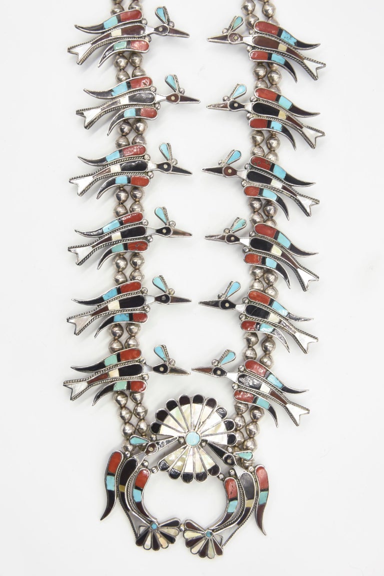 Native American Zuni Peyote Bird Inlay Squash Blossom Silver Vera Luna ...