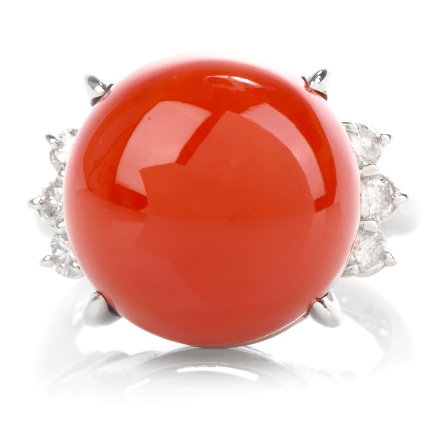 Natural Red Coral Diamond Claw Prong Platinum Cocktail Ring at 1stDibs