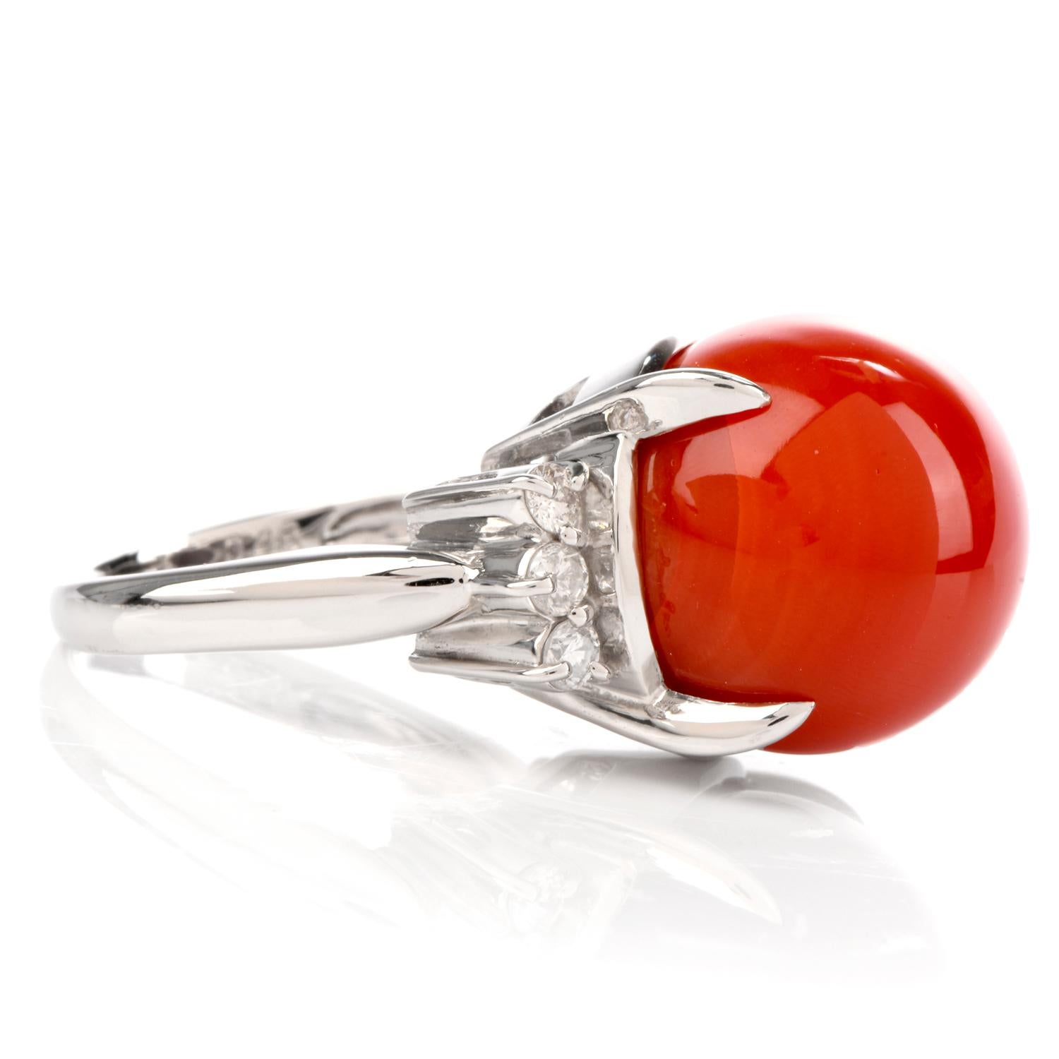 Natural Red Coral Diamond Claw Prong Platinum Cocktail Ring at 1stDibs