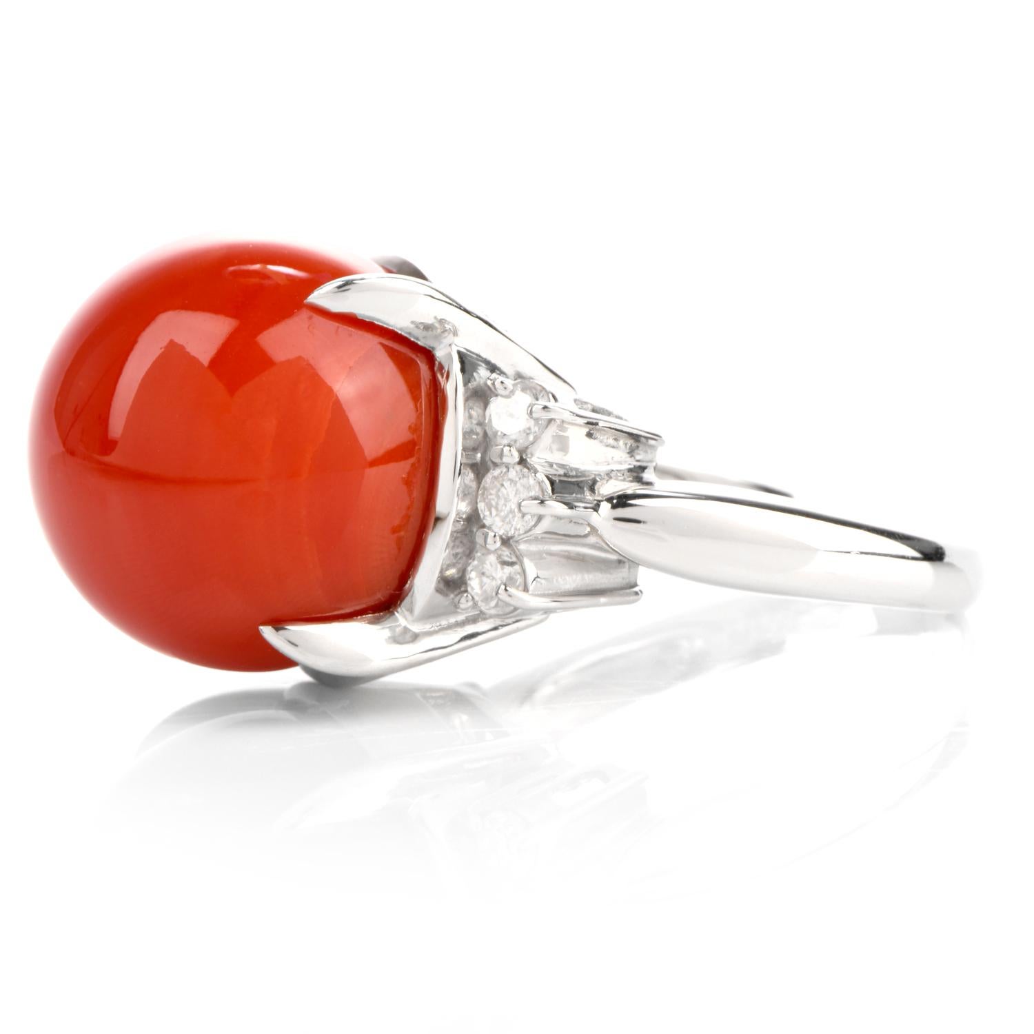 Natural Red Coral Diamond Claw Prong Platinum Cocktail Ring at 1stDibs