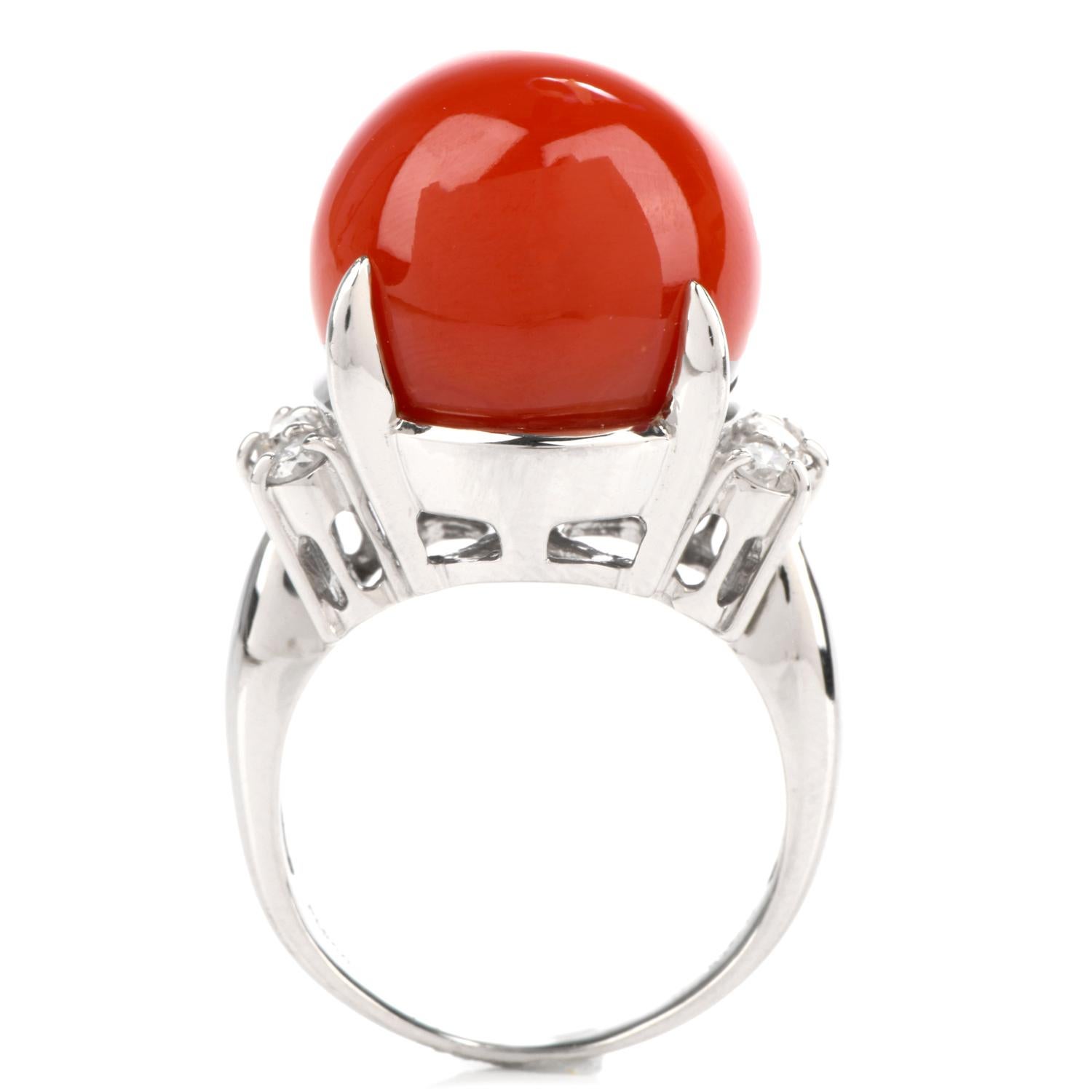 Natural Red Coral Diamond Claw Prong Platinum Cocktail Ring at 1stDibs