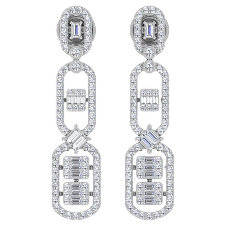 Natural 1.6 Carat Diamond Pave Dangle Earrings Solid 14k White Gold ...
