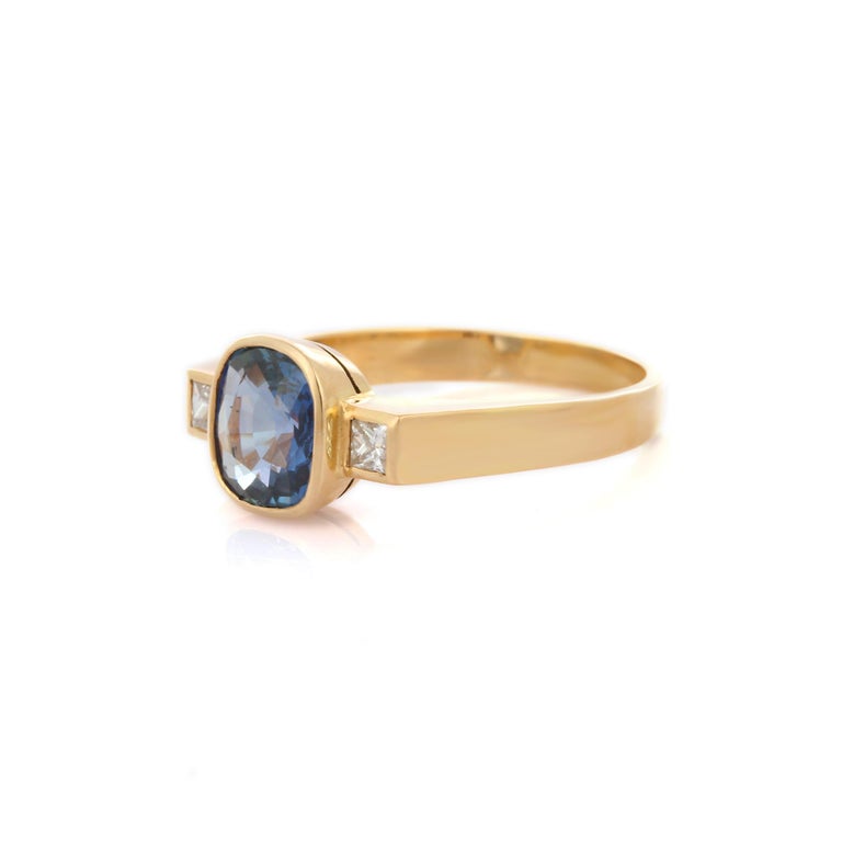 Customizable Blue Sapphire Diamond Three Stone Engagement Ring in 18K Yellow Gold For Sale at ...