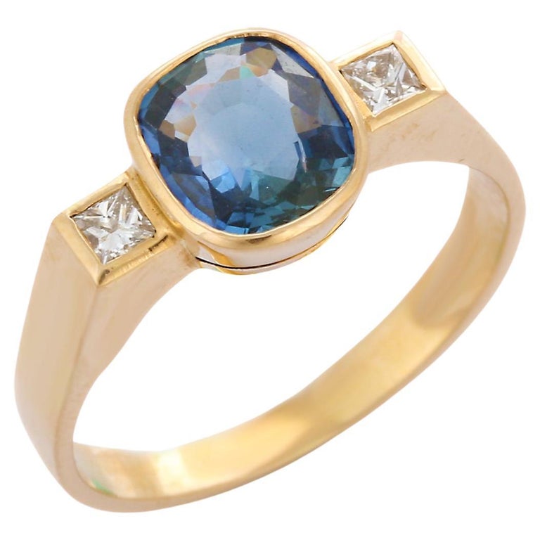 Customizable Blue Sapphire Diamond Three Stone Engagement Ring in 18K ...