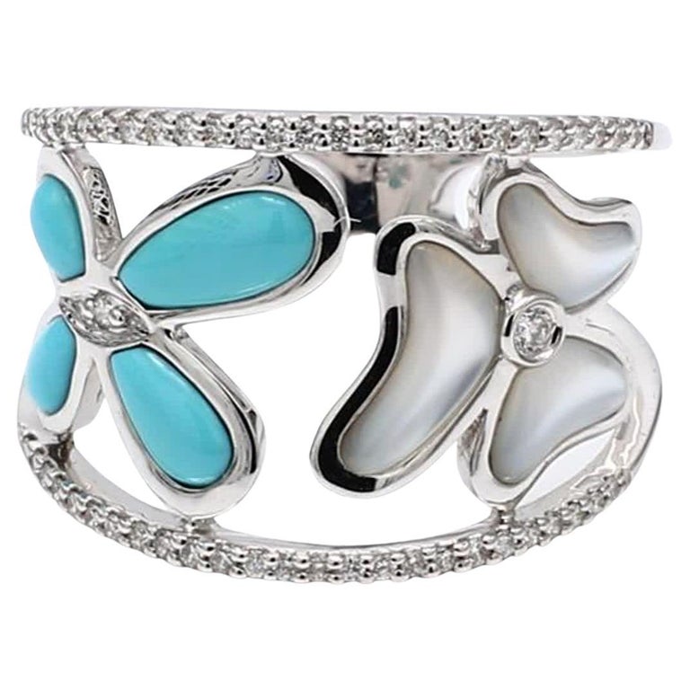 Natural Turquoise/Pearl and White Diamond .43 Carat TW White Gold ...