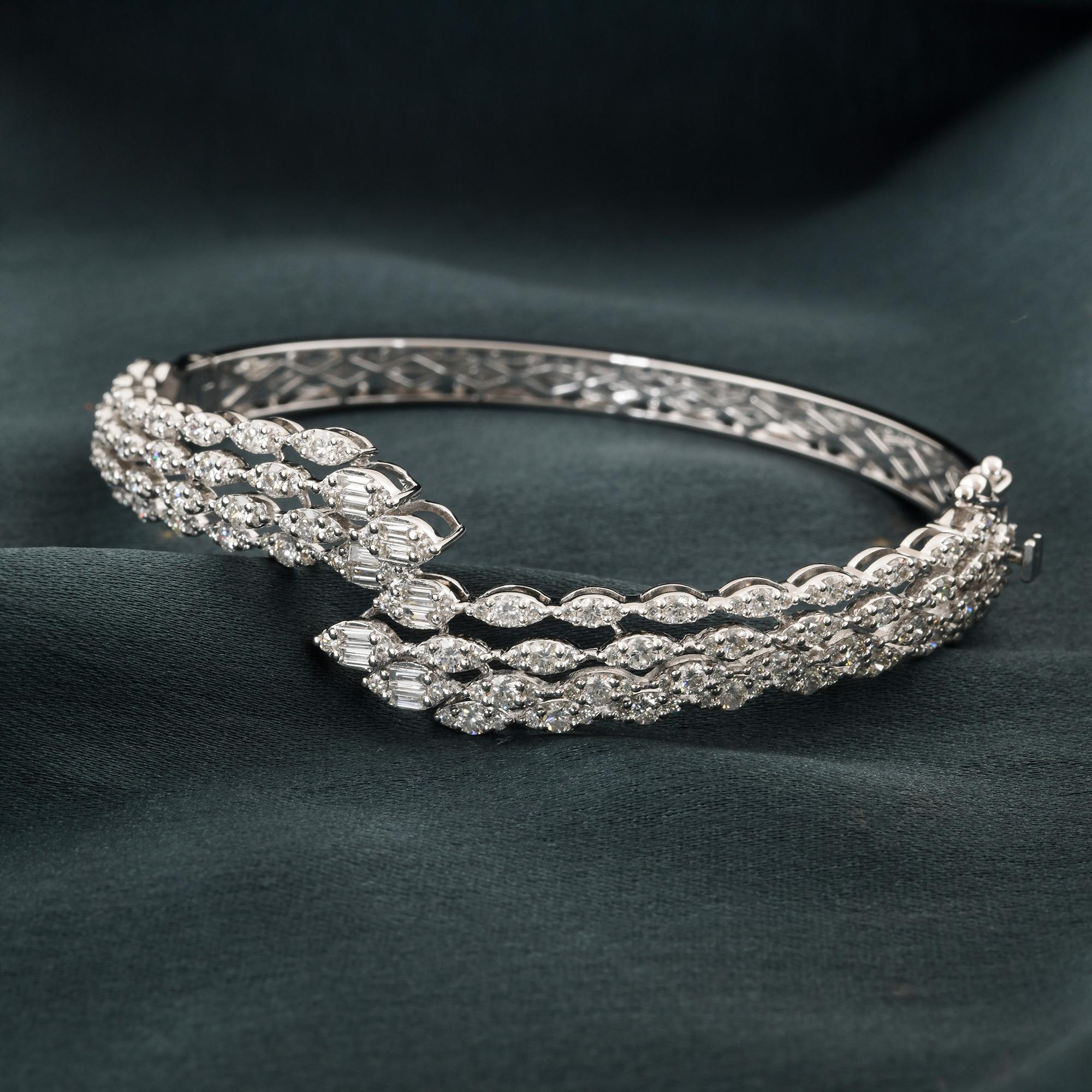 Real 3.06 Carat SI/H Baguette Round Diamond 18K White Gold Wrap Bangle ...