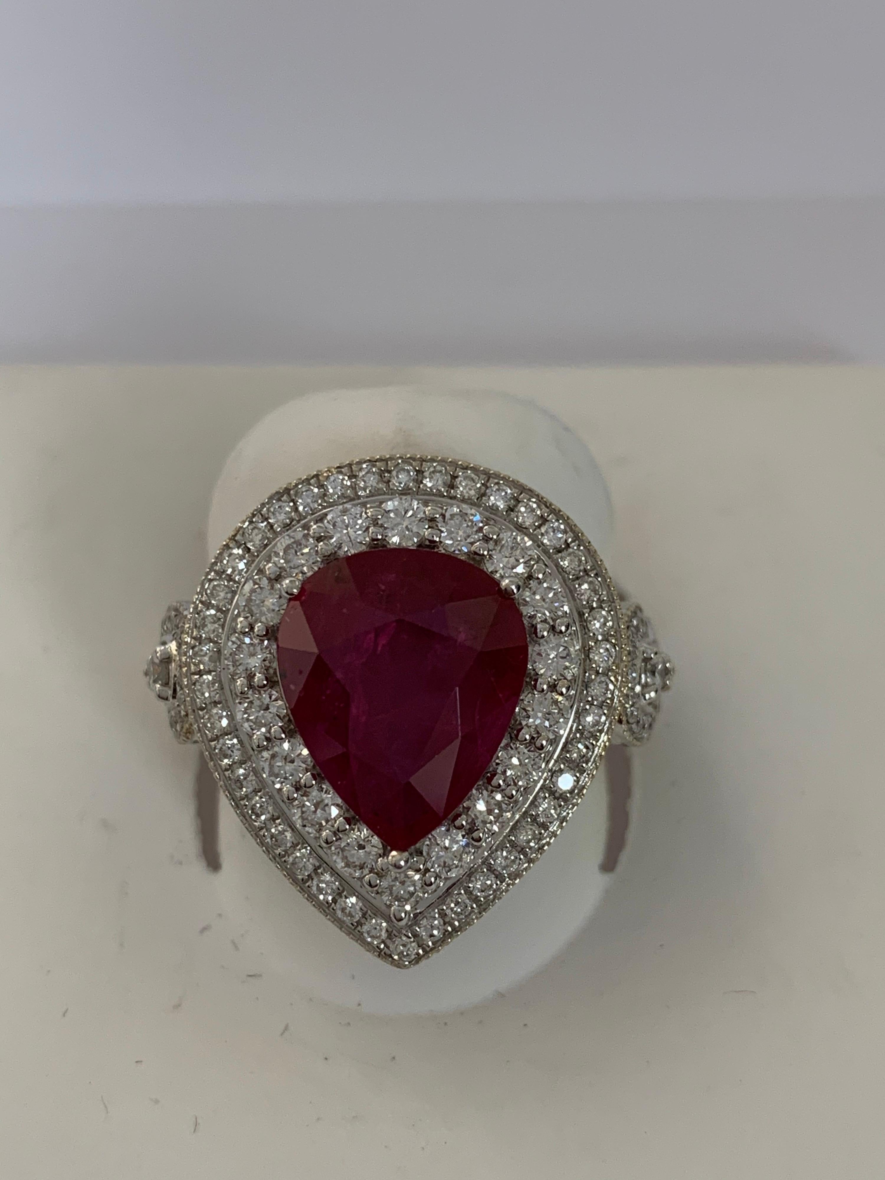Natural 3.98 Carat Pear Shape Ruby and 1White Diamond Ring. For Sale at ...