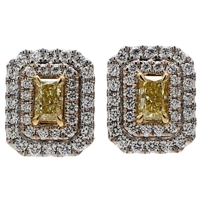 Natural .42 Carats Yellow Radiants and White Diamond Gold Stud Earrings ...
