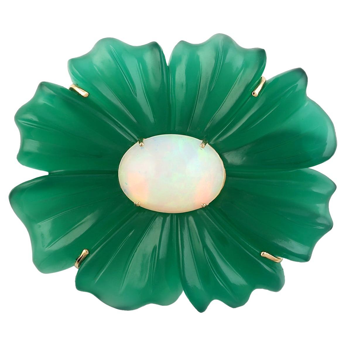Natural 5 Carat Opal and Green Onyx Flower Pendant 18k Yellow Gold For ...