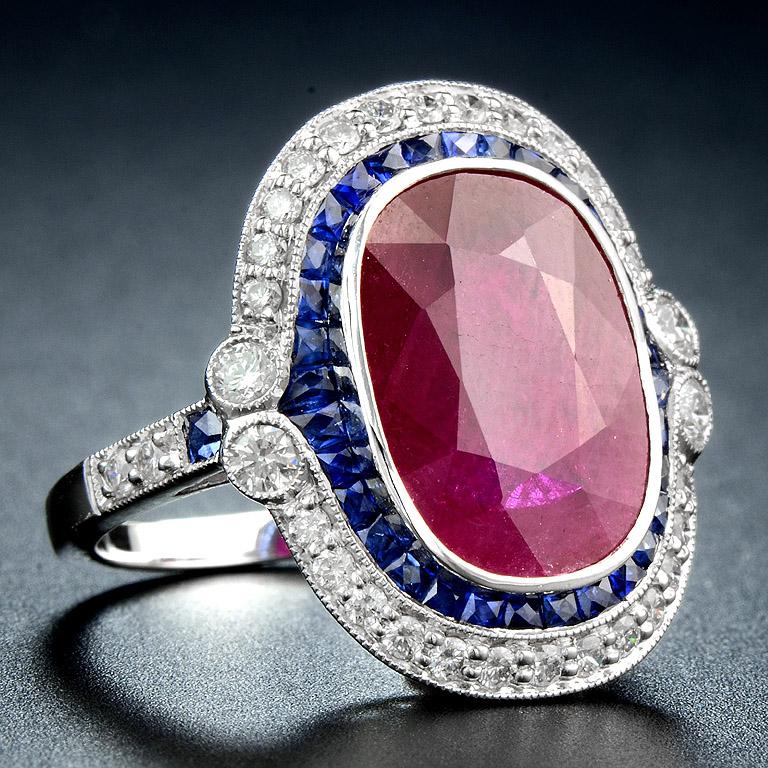 Natural 6.10 Carat Burmese Ruby and Blue Sapphire Diamond Cocktail Ring ...