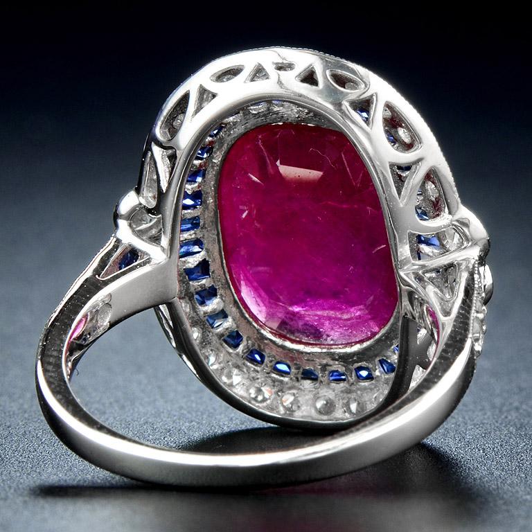 Natural 6.10 Carat Burmese Ruby and Blue Sapphire Diamond Cocktail Ring ...