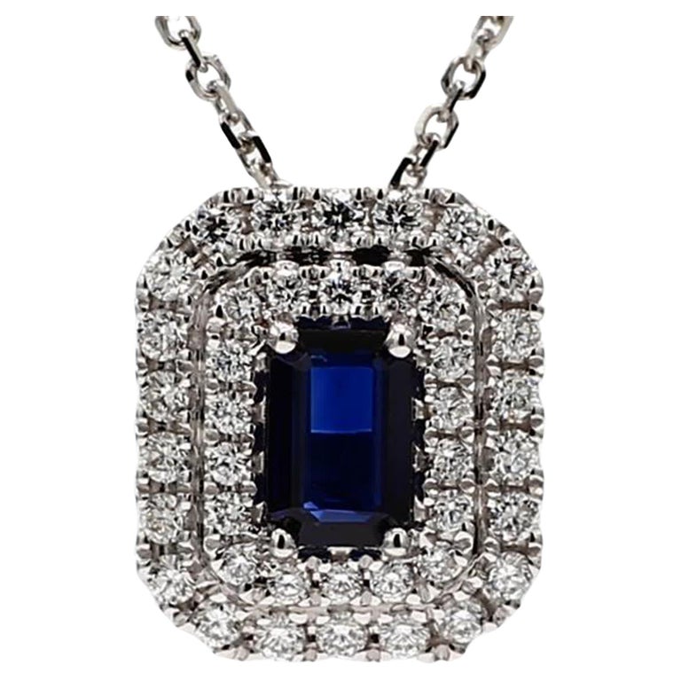 Natural Blue Emerald Cut Sapphire and White Diamond 1.04 Carat TW Gold ...