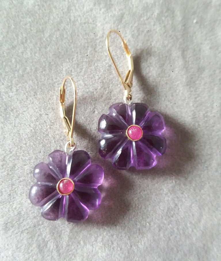 Natural Amethyst Round Carved Buttons Ruby Cabs 14k Yellow Gold Dangle ...