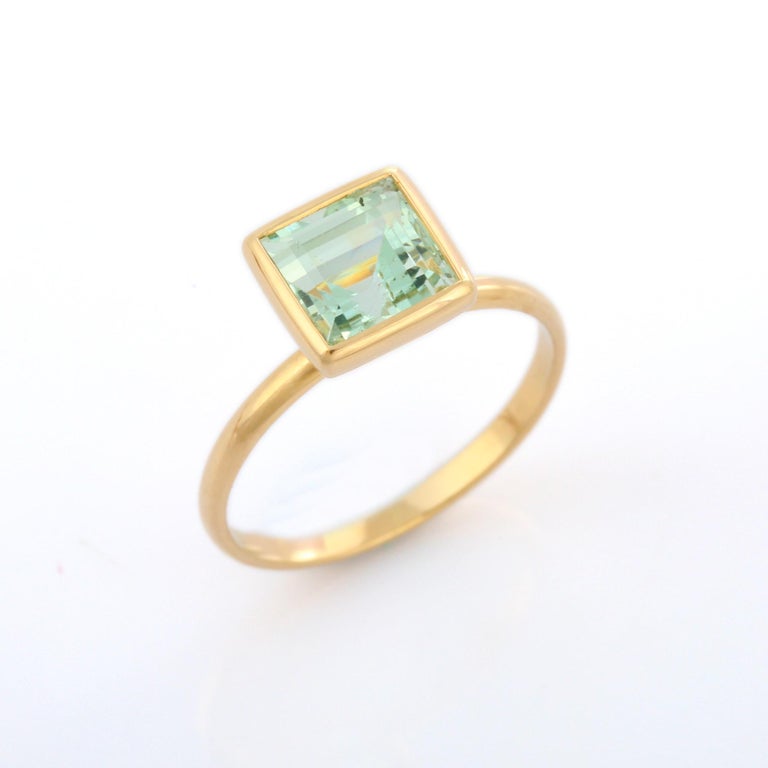 Customizable Natural Aquamarine Square Cut Gemstone Ring in 18K Yellow ...