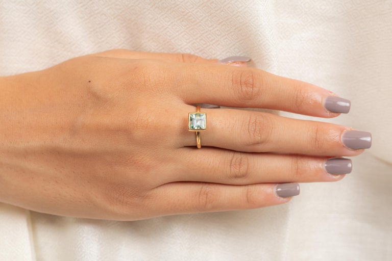 Customizable Natural Aquamarine Square Cut Gemstone Ring in 18K Yellow ...