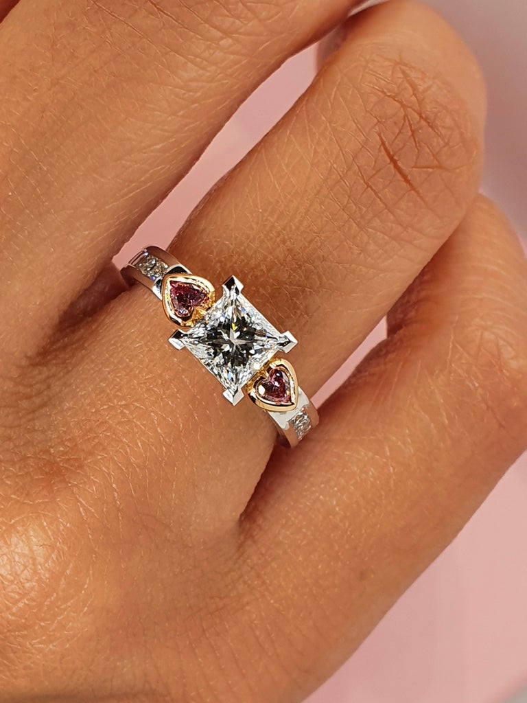 Natural Argyle Certified Pink and White Diamond Princess Cut and Heart ...