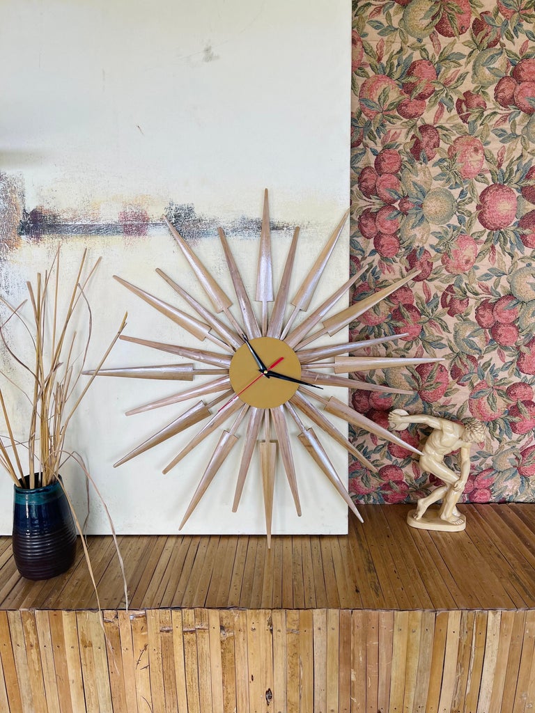 Natural Bamboo Mid-Century Style Starburst Clock Hand Made For Sale at ...