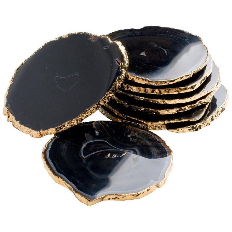 Natural Black Agate Gemstone Coasters with 24 K Gold Trim, Set/8 For ...