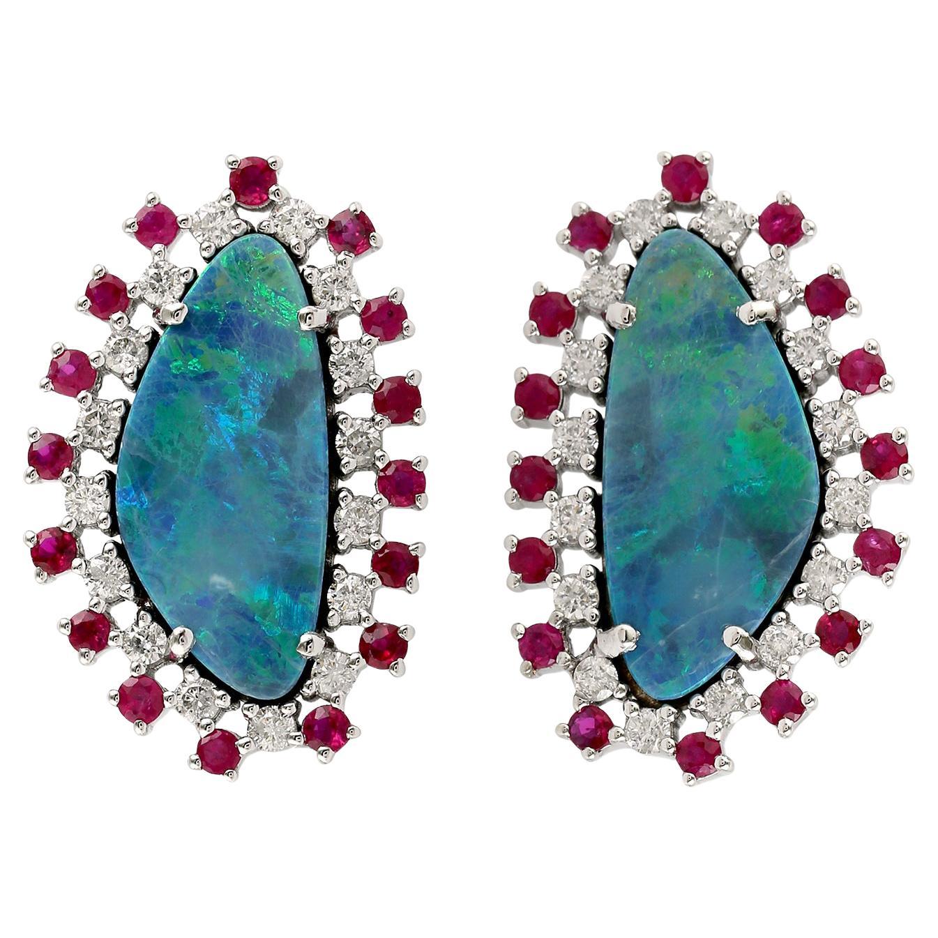 Pink Opal and Black Onyx Round Beads Rubies Black Diamonds Gold Stud ...