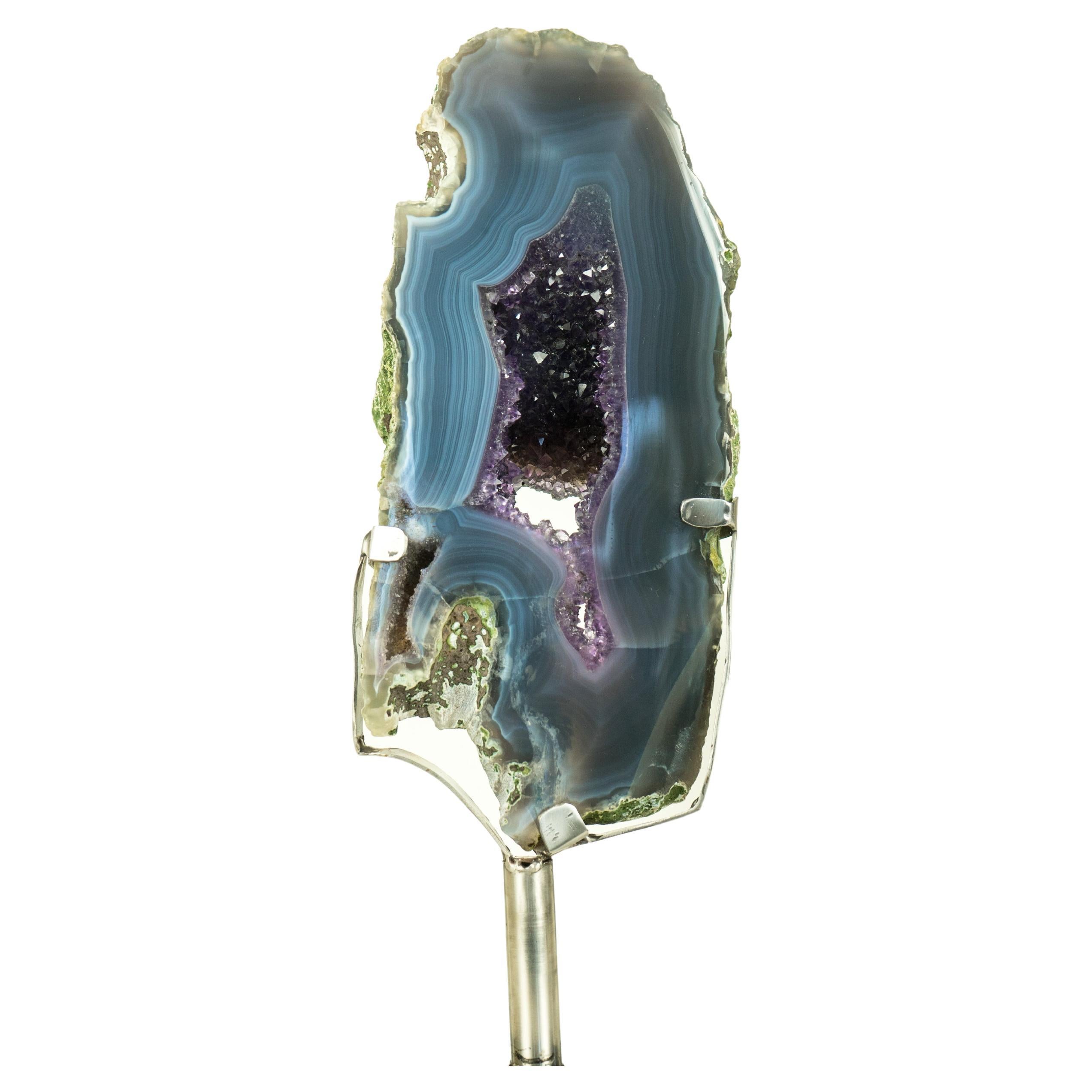 Natural Blue Banded Agate Geode with Deep Purple Amethyst Druzy on ...
